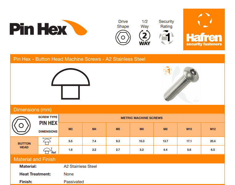 M5 x 10mm Hex Pin Button Head Security Screws - A2 Stainless Steel