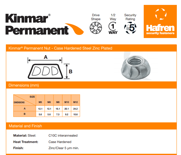 M6 Kinmar Permanent Nut - Steel Zinc Plated - Box of 100