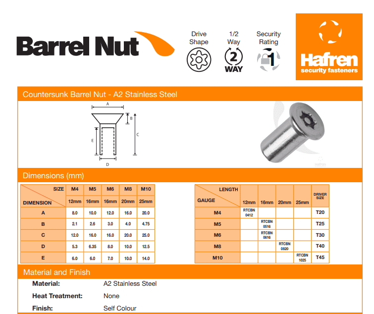 M6 x 16mm - Hafren Torx Pin Countersunk Barrel Security Nut - Box of 100
