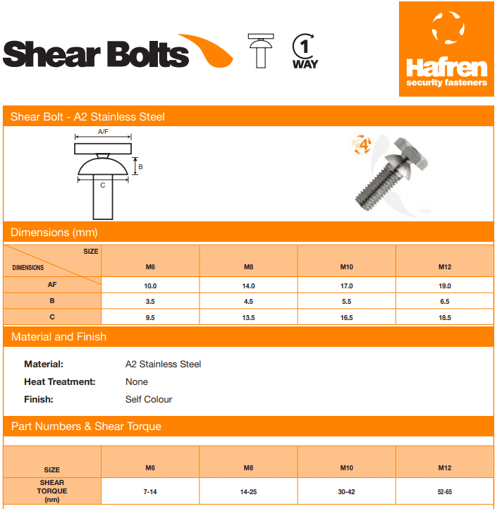 M6 x 50mm - Hafren Button Head Shear Security Bolt - A2 ST ST - Box of 50