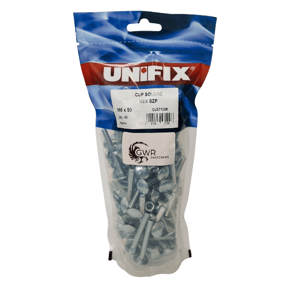 M6 x 50mm UNIFIX Carriage Bolts & Nuts - Mild Steel Zinc Plated 90 Pack