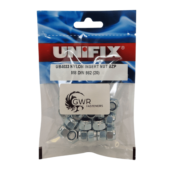 M8 UNIFIX Nylon Insert Nut DIN 982 Bright Zinc Plated Steel 20 Pack