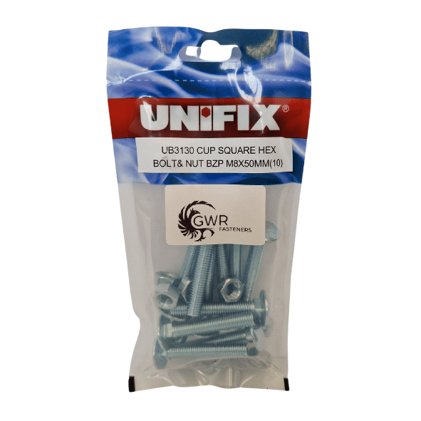 M8 x 75mm UNIFIX Carriage Bolts & Nuts - Mild Steel Zinc Plated 10 Pack