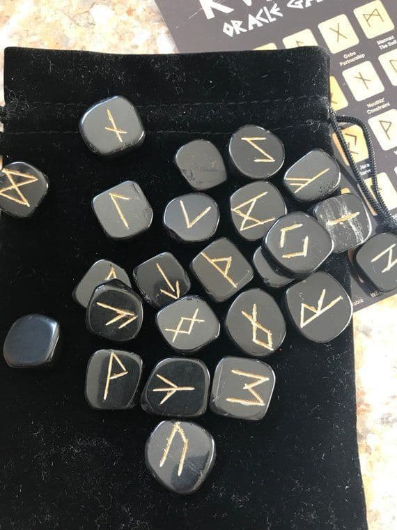 Black Obsidian Divination Rune Stone Set - Fortune Telling Oracle Good Luck