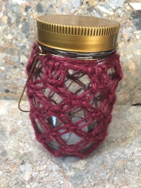 Hanging Macrame Firefly Jam Jar Light Battery Operated Red Jute Thread