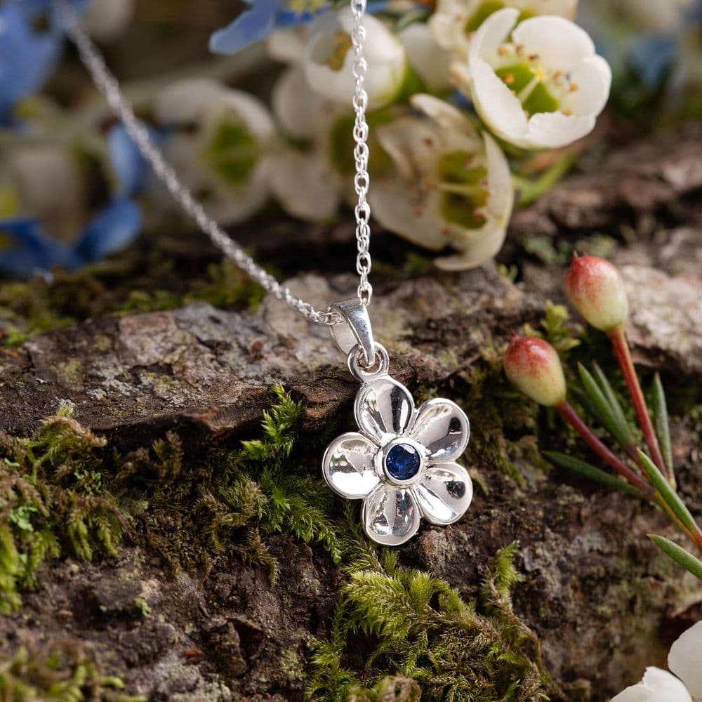 Sterling Silver Outlander Forget Me Not Pendant with Sapphire 2609