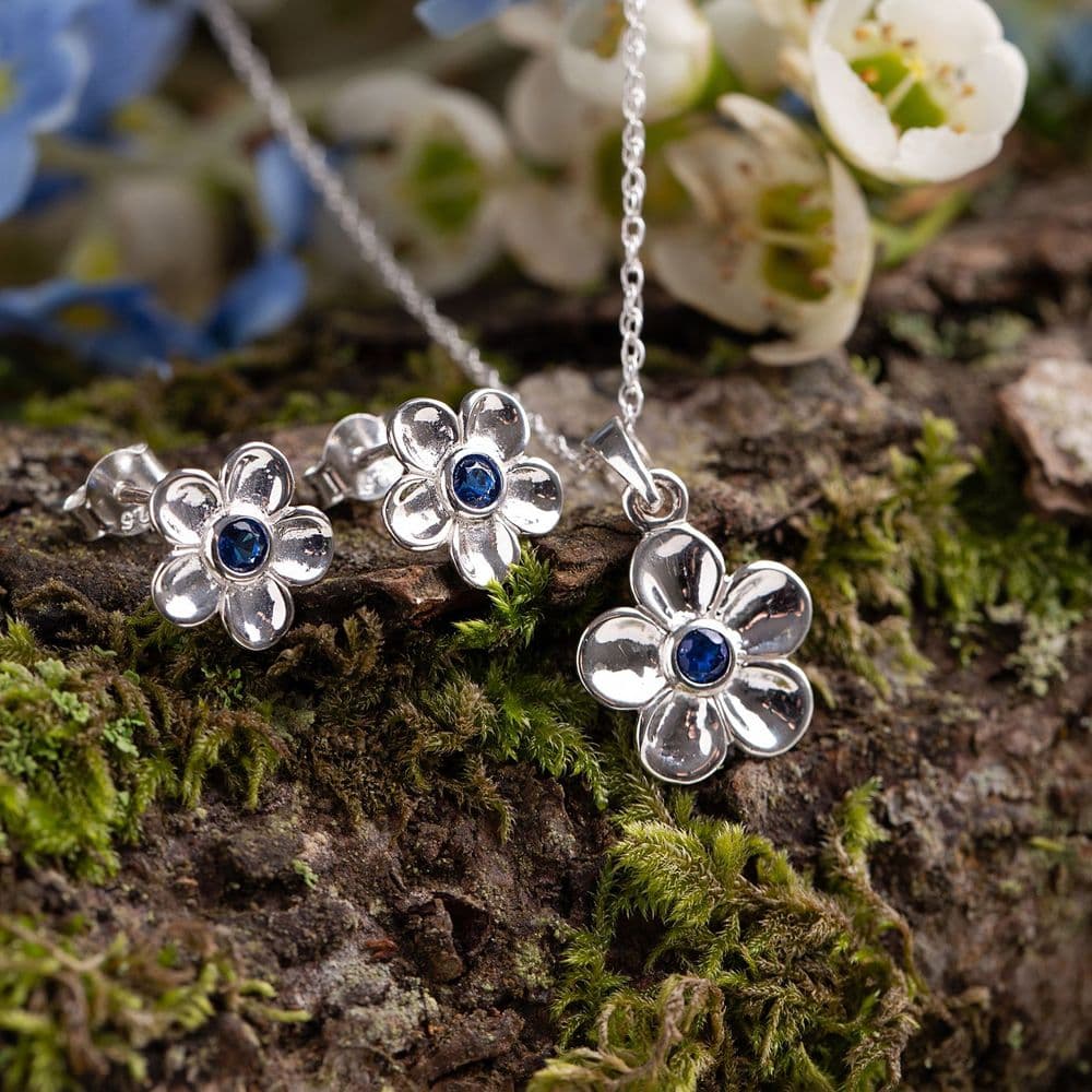 Sterling Silver Outlander Forget Me Not Stud Earrings with Sapphire 2608