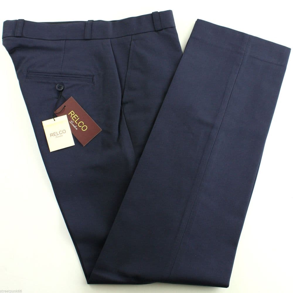Relco Mens Stay Press Navy Blue Trousers Sta Prest Retro Mod Skin ...