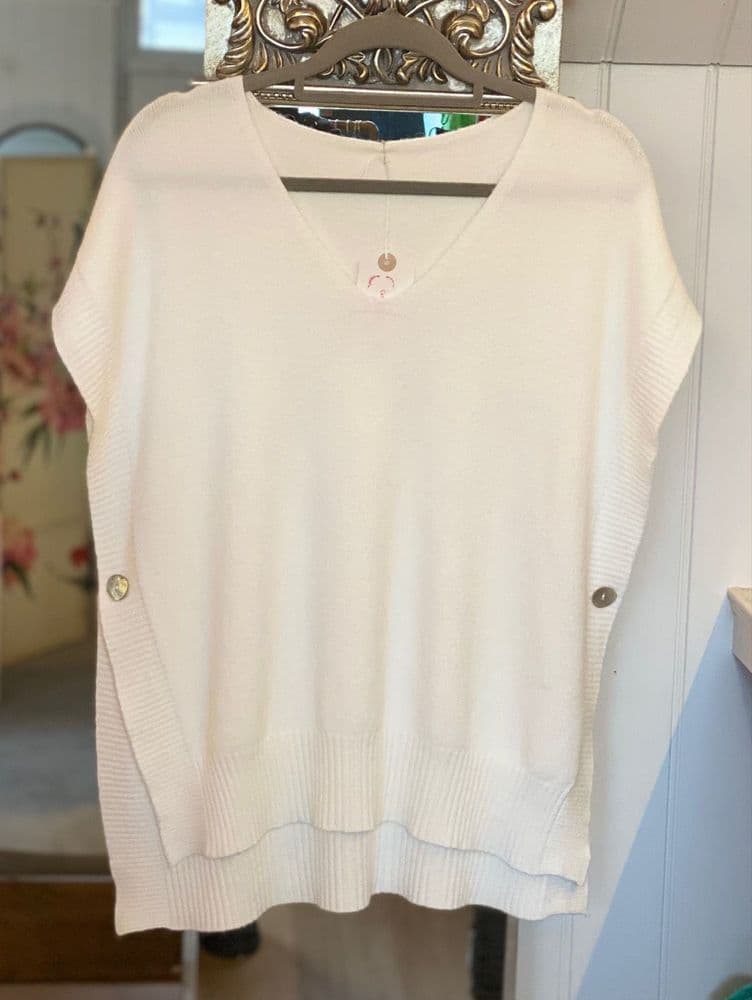 Side Button V Neck Ribbed Edge Cape Poncho Cape - White