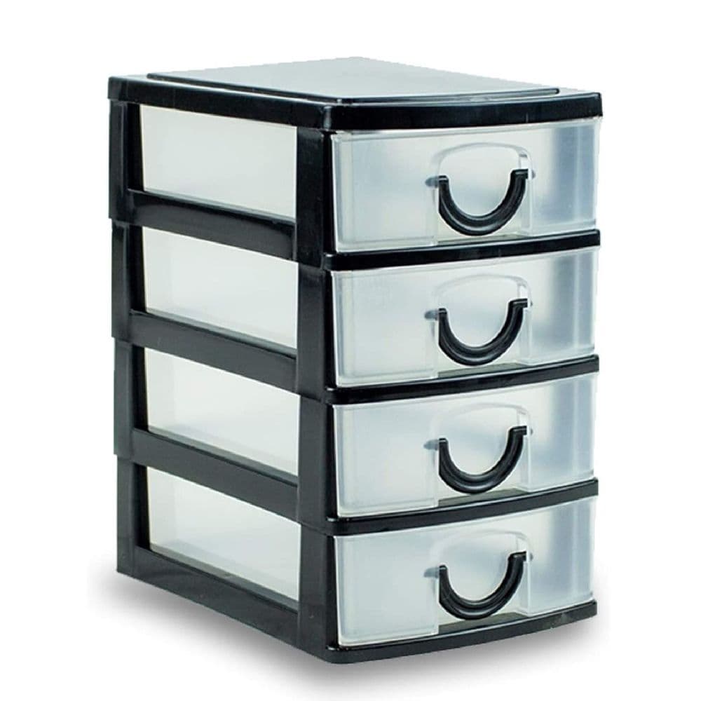 Mini 14cm Clear & Black Plastic Desk Storage Drawers Tower