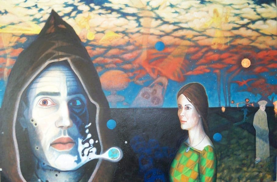 Triple Portrait with apocalyptoid sky