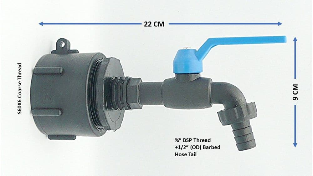 Heavy Duty IBC CAP S60X6 Coarse Thread and 1/2" NYLON LEVER TAP to 1/2 ...