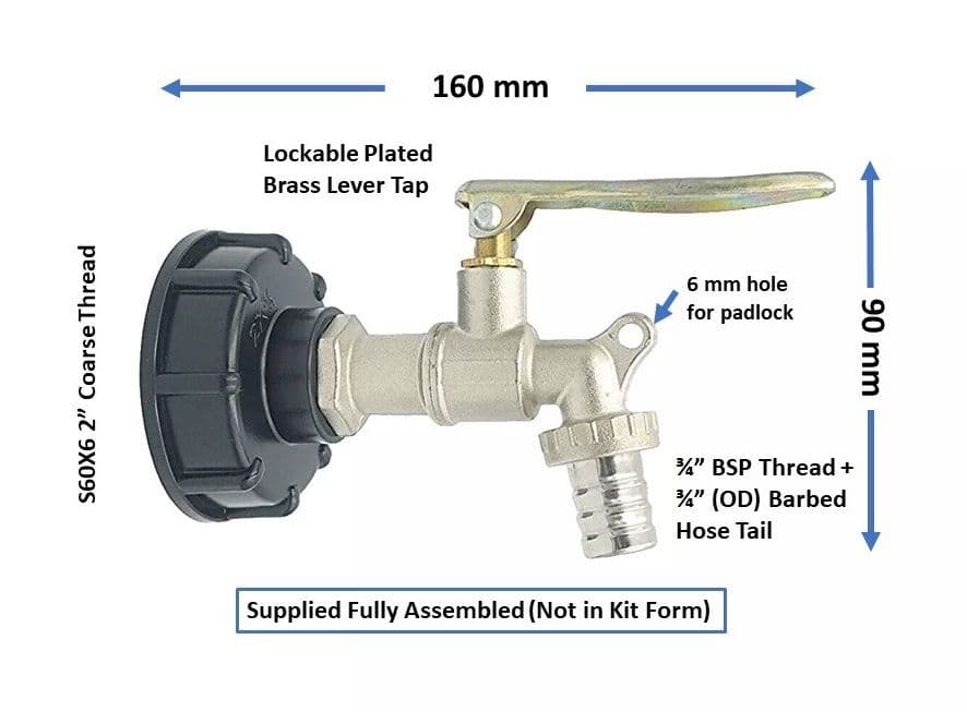 IBC Adapter Cap S60X6 to LOCKABLE Plated Brass Lever Tap With 3/4" Hose ...