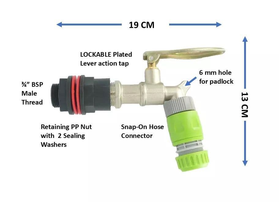 LOCKABLE Plated Brass Lever tap & 3/4" BSP tank adapter With 1/2" Snap ...