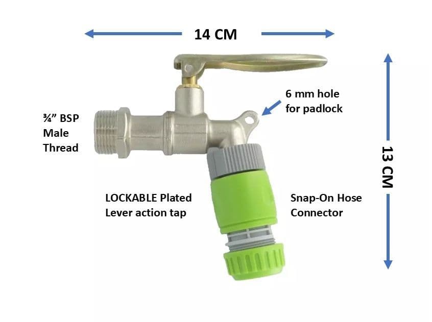 LOCKABLE Plated Brass Lever Tap 1/2" Snap On hose connectors & 3/4" BSP ...