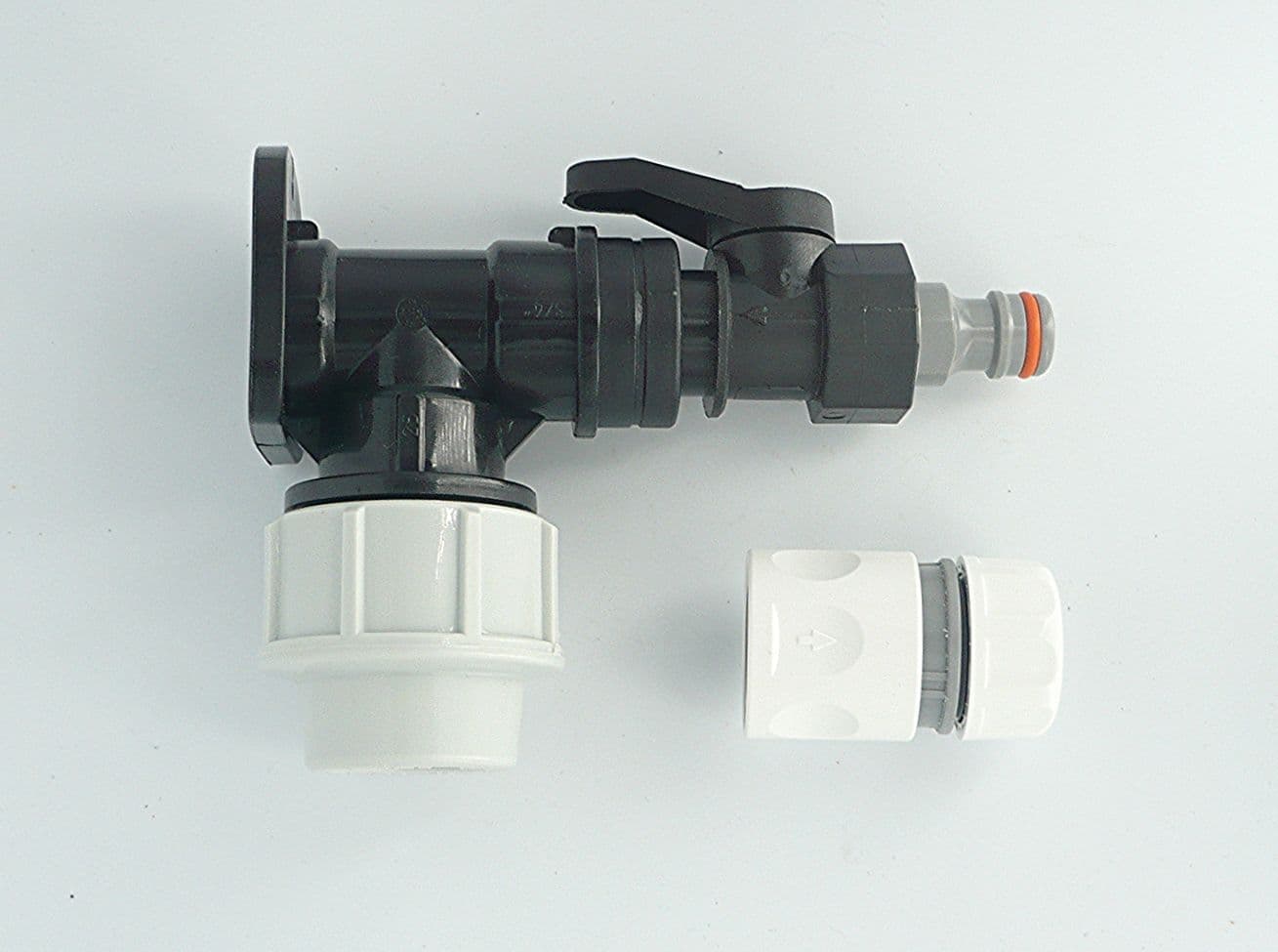 MDPE Compression Wall Plate Elbow 20mm to On/Off Valve & Snap-On Hose Fittings