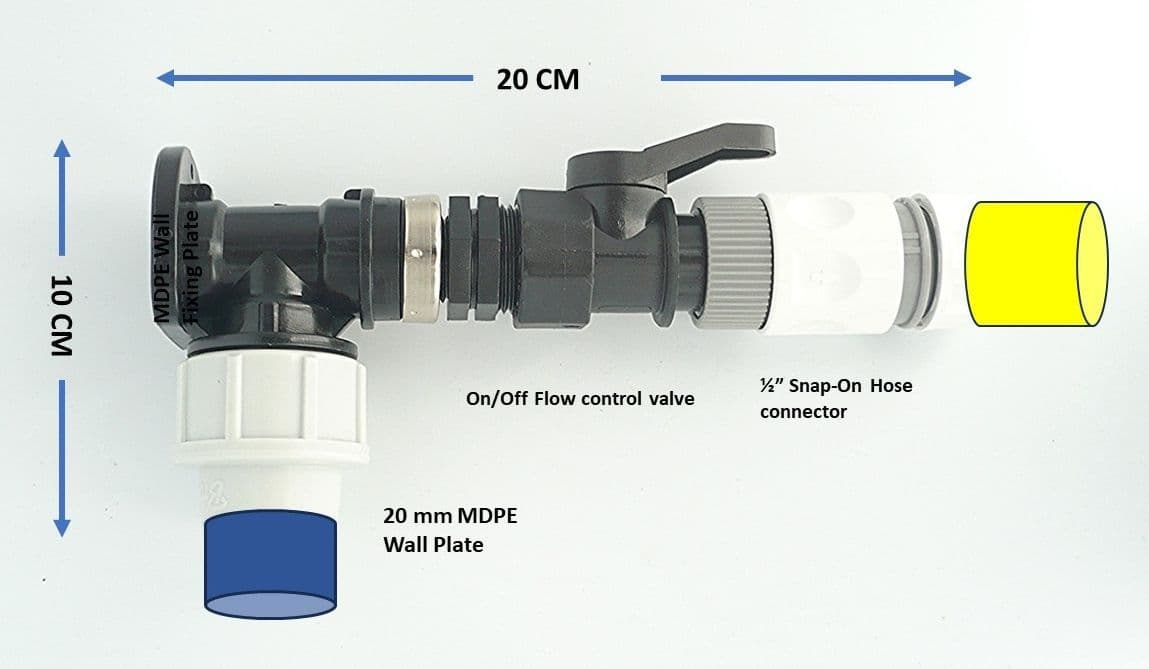 MDPE Compression Wall Plate Elbow 20mm to On/Off Valve & Snap-On Hose Fittings