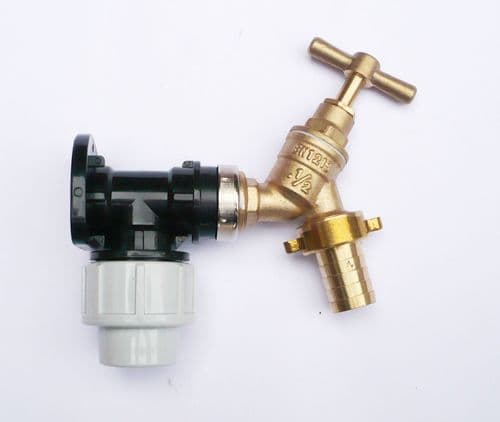 MDPE Compression Wall Plate Elbow 20mm with 1/2" Brass Bib Tap & 3/4" Hose Tail