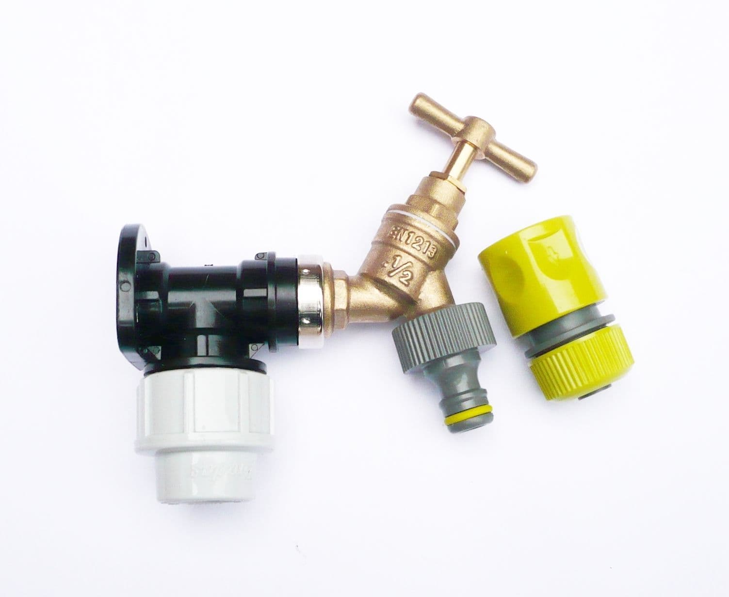 MDPE Compression Wall Plate Elbow 20mm with 1/2" Brass Bib Tap & Two Snap On Connectors