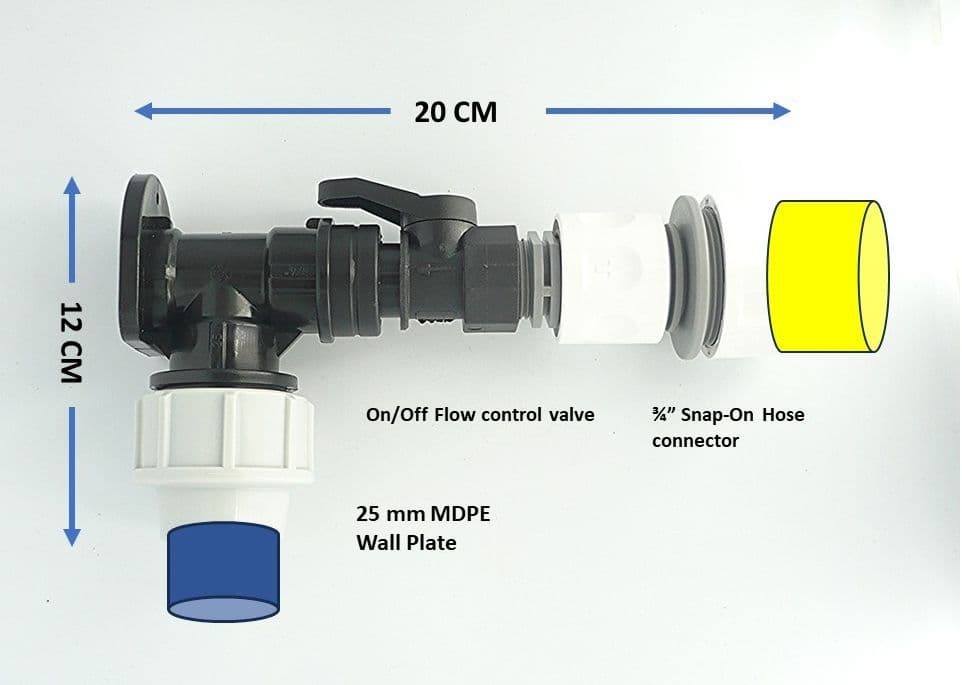 MDPE Wall Plate Elbow 25mm to On/Off Valve & 1" Snap-On Hose Fittings