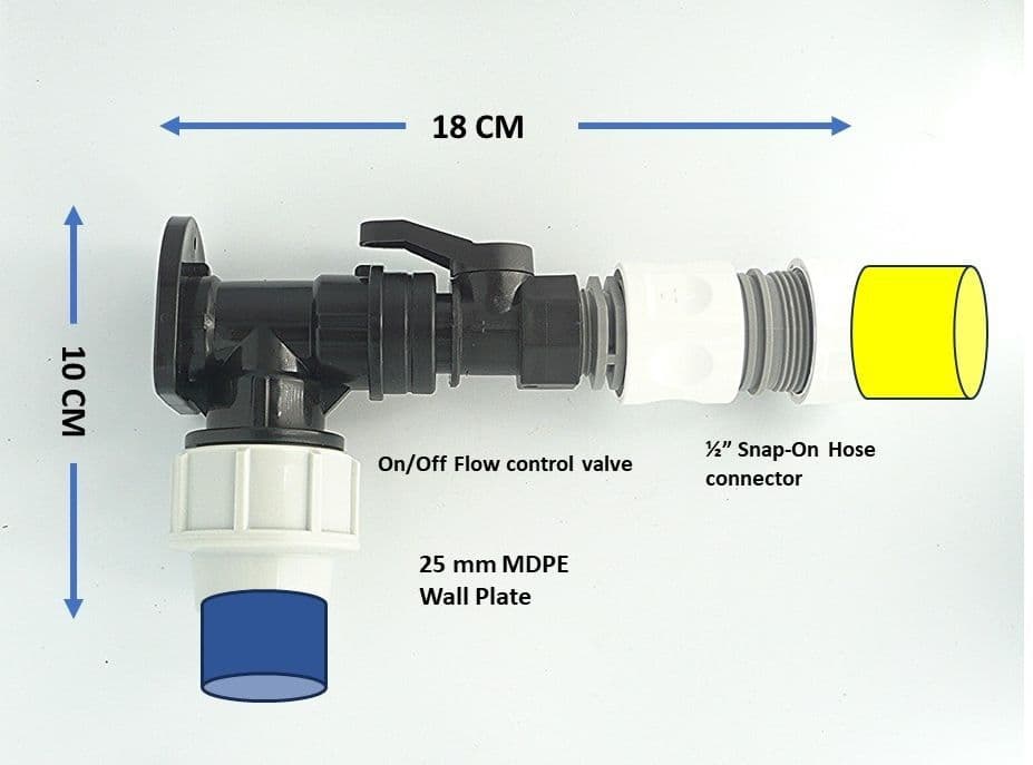 MDPE Wall Plate Elbow 25mm to On/Off Valve & 3/4" Snap-On Hose Fittings