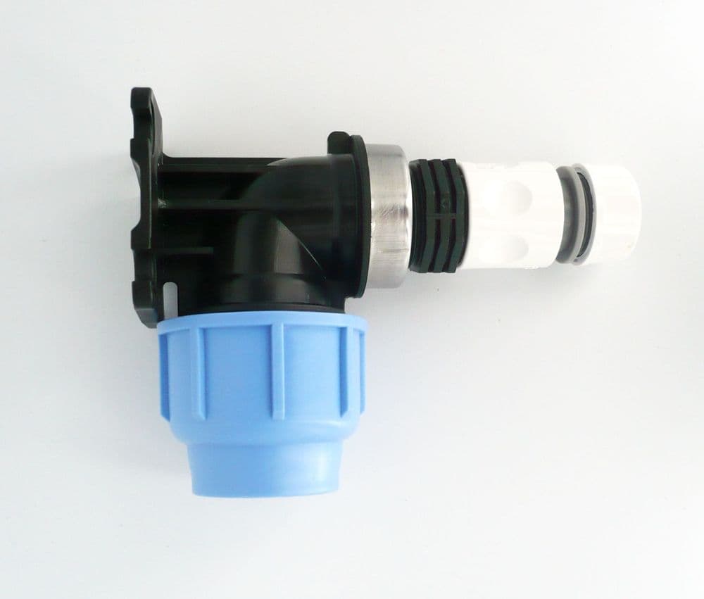 MDPE Wall Plate Elbow 32mm with 1/2" Snap On connector & hose connector