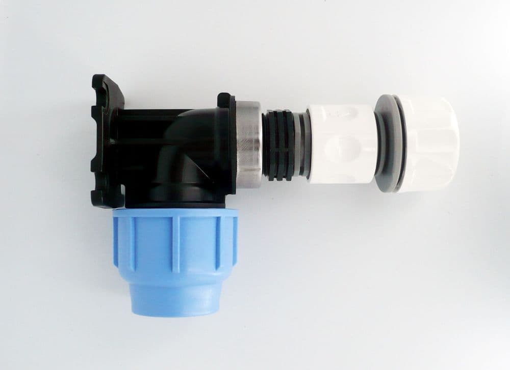 MDPE Wall Plate Elbow 32mm with 1" Snap On connector & hose connector