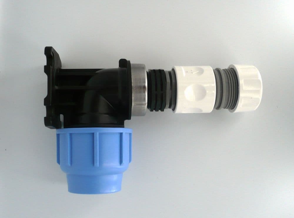 MDPE Wall Plate Elbow 32mm with 3/4" Snap On connector & hose connector