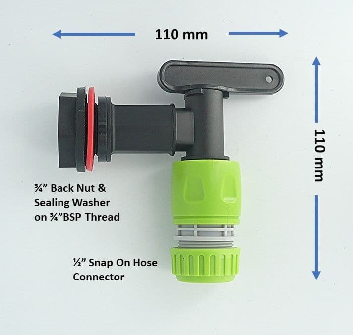 Water Butt Tap & 1/2" Snap On Hose Connector 3/4" BSP Thread Back Nut ...