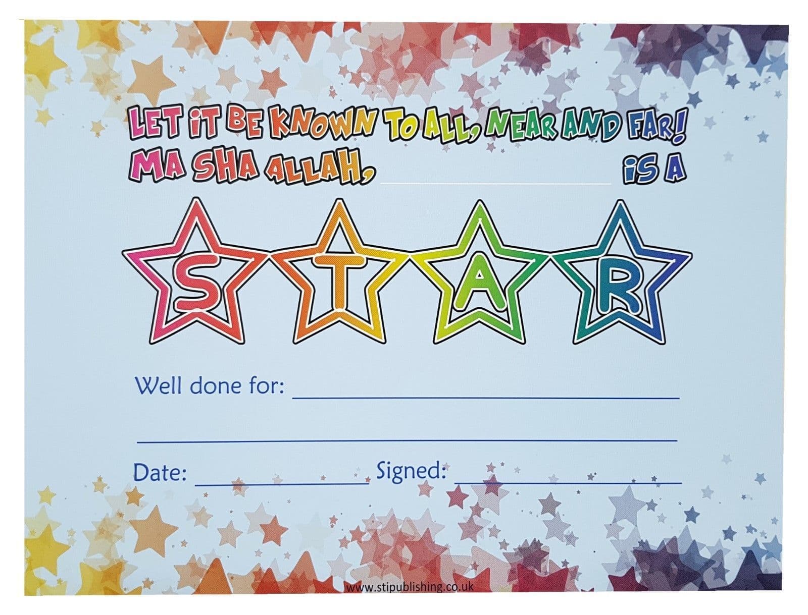 Islamic reward Certificates A5 size STAR - well done x 10 colour Cards NEW