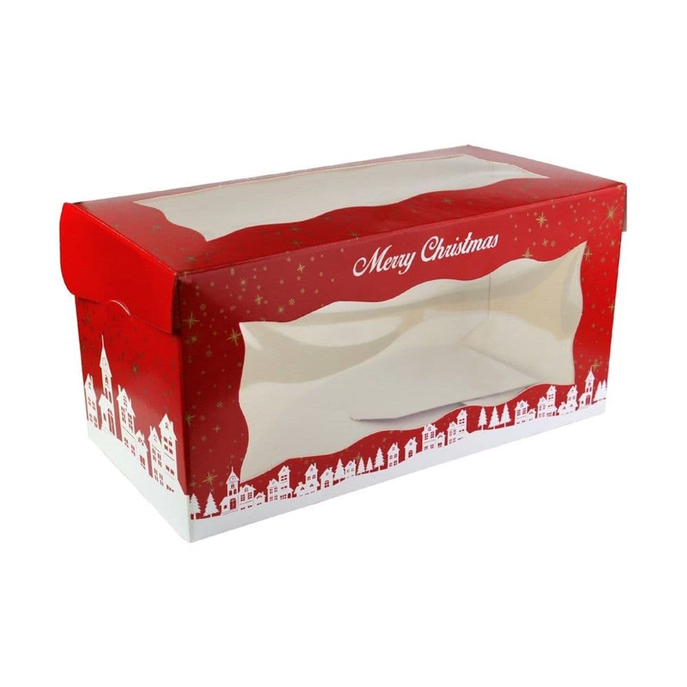 Christmas Yule Log Box Red with Festive Print 8" x 4" x 4" single