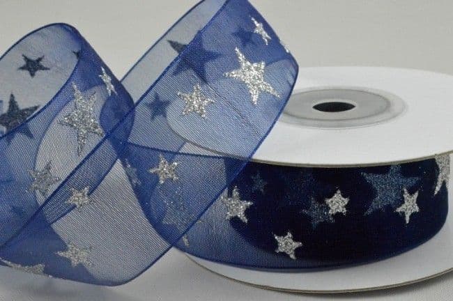 CR Ribbon Sheer Navy Ribbon with Silver Glitter Stars 25mm