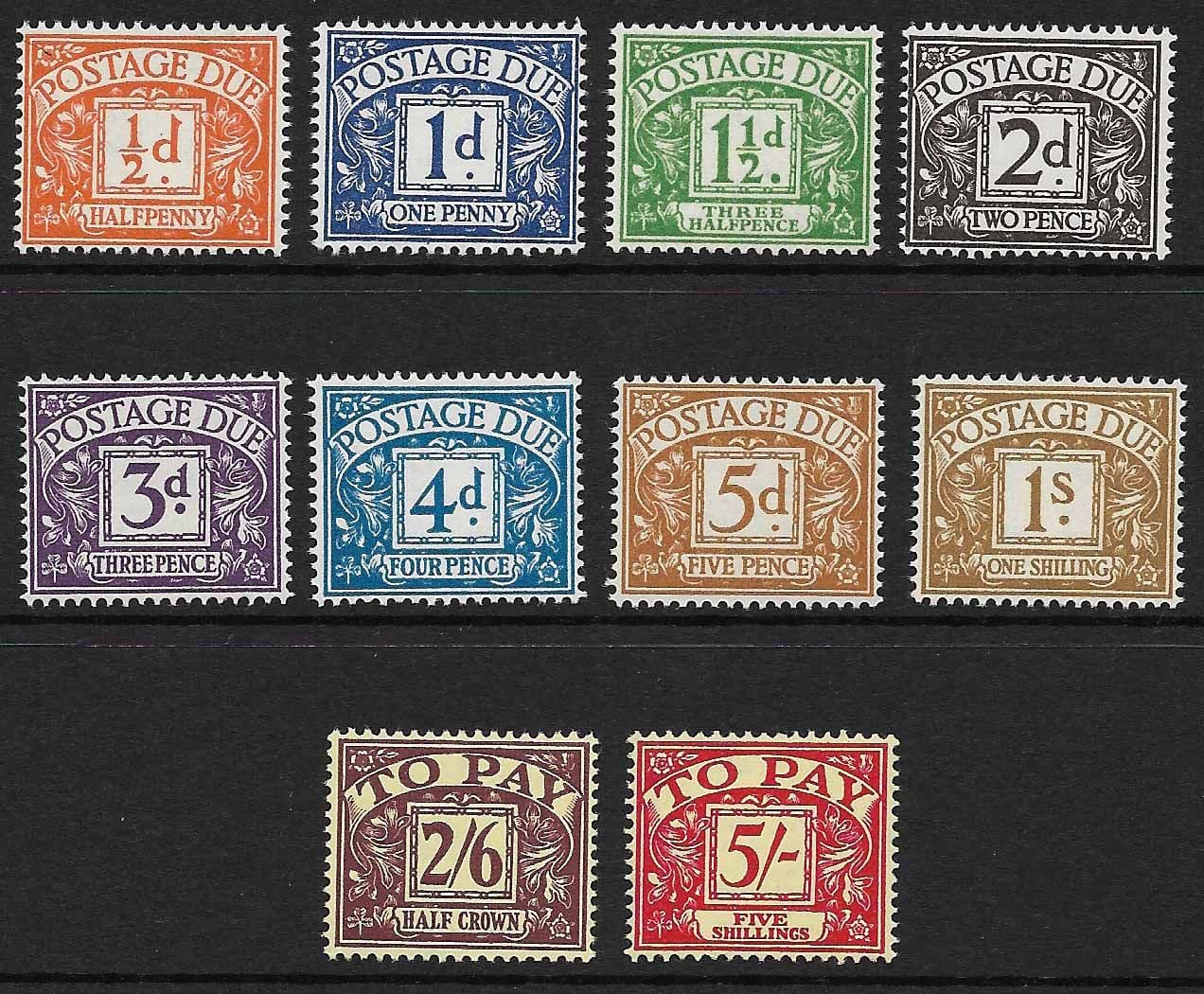 1955 D46-D55 QEII Edward Crown Watermark Postage Due Set MOUNTED Mint
