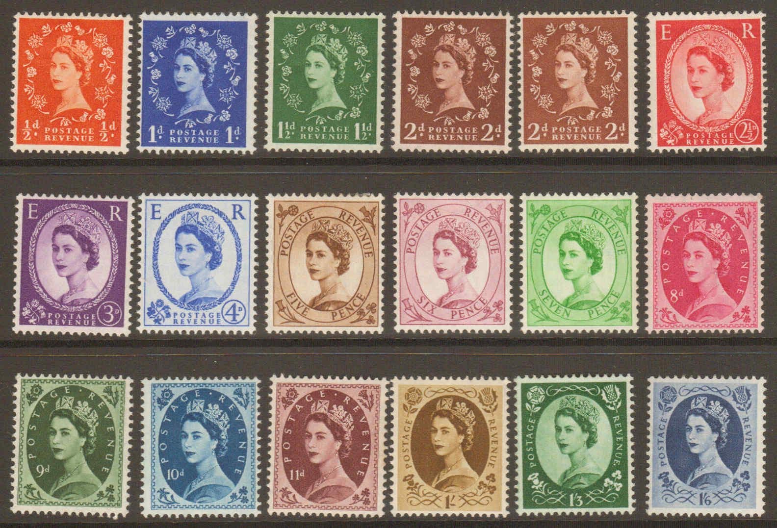 1955 QE II Wildings Edward Watermark Stamp Set Mounted Mint SG540-556