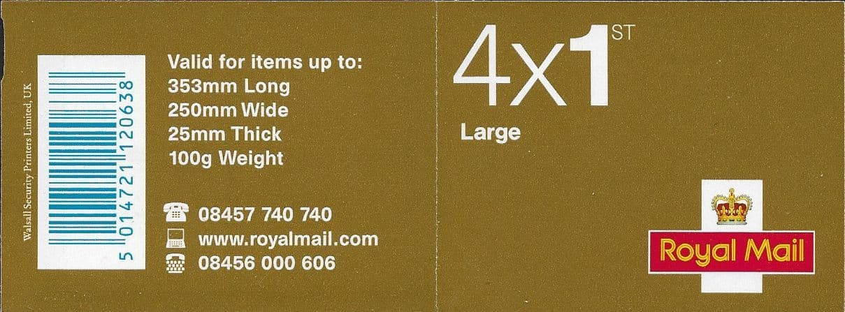 RB1 Self Adhesive Stamp Booklet 4x 1st Class Large Stamps
