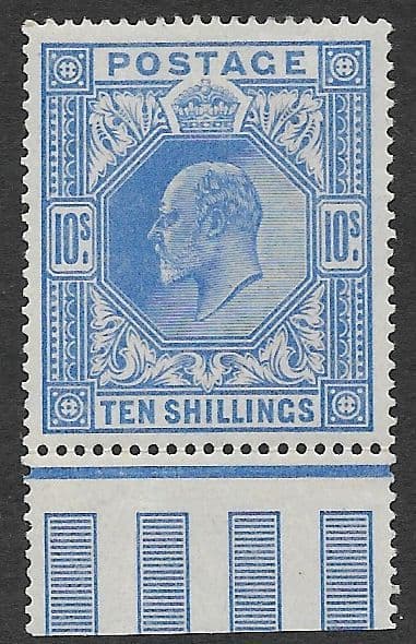 SG265 10/- Ultramarine Marginal MOUNTED MINT Edward VII Stamps Stock E70041