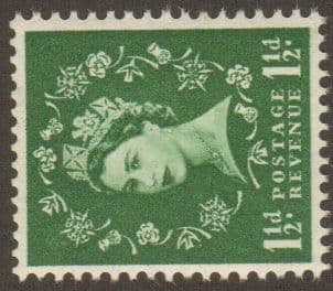 SG542a 1 d Green 1955 Edward Crown Sideways Watermark Wilding Stamps