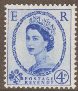 SG546 4d Ultramrine 1955 Edward Crown Upright Watermark Wilding Stamps