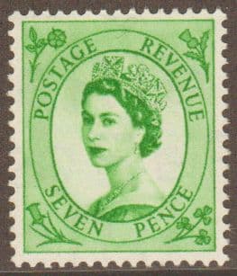 SG549 7d Bright Green 1955 Edward Crown Upright Watermark Wilding Stamps