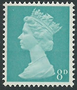 SG739 8d Light Turquoise Blue 2 Band Pre Decimal Machin Stamps