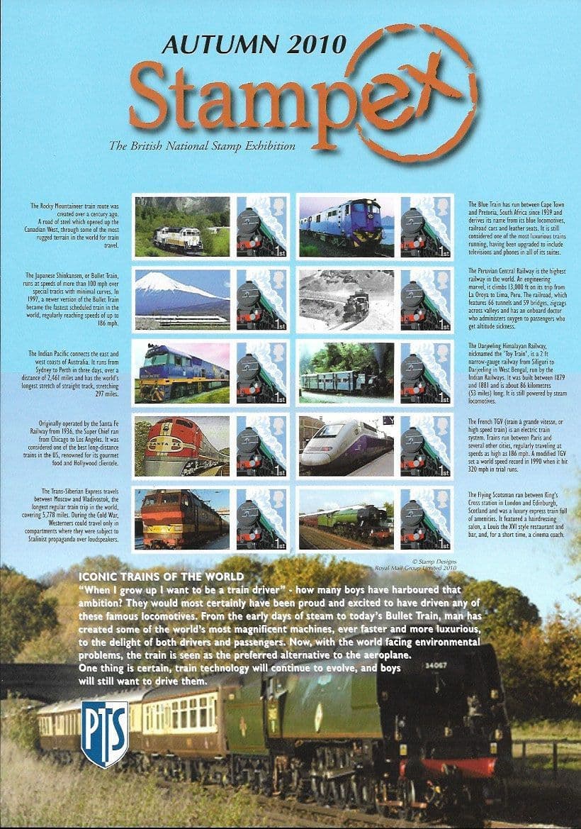 ST16 2010 Autumn Stampex Smilers Sheet - Iconic Trains of the World