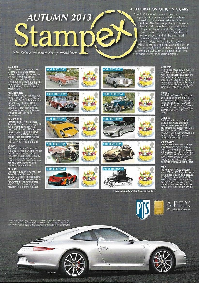 ST22 2013 Autumn Stampex Smilers Sheet - Iconic Cars