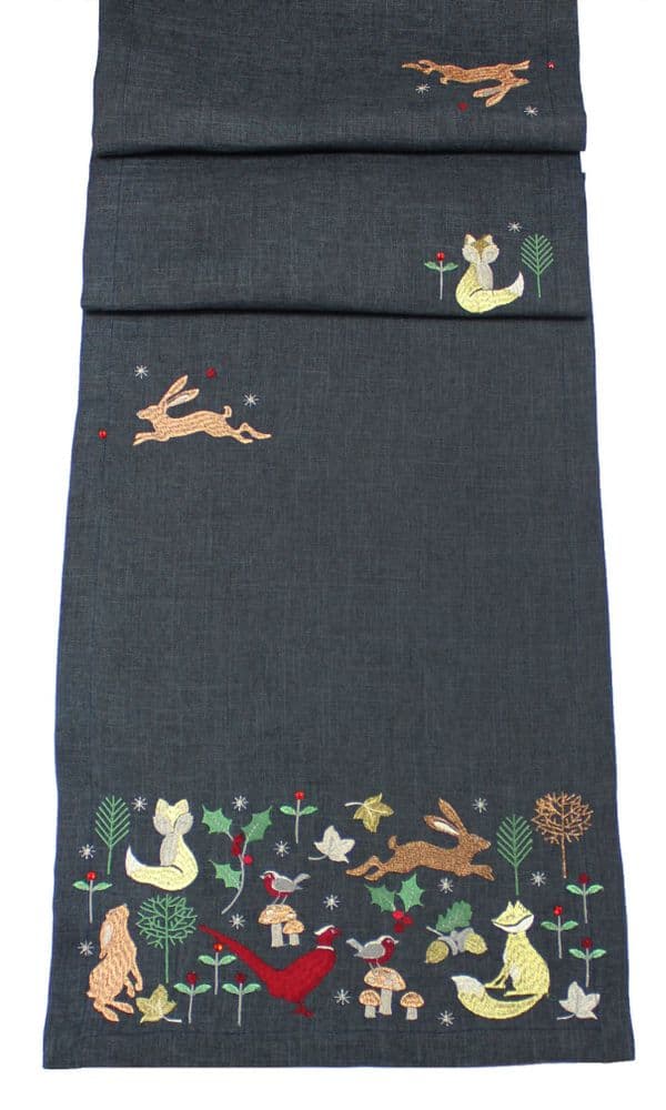 Fox Covert Christmas Embroidered Forest Creatures Table Runner 14" x 75"