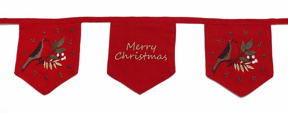 Peggy Wilkins Textiles Christmas Robin Embroidered Red Bunting 16cm x 210cm