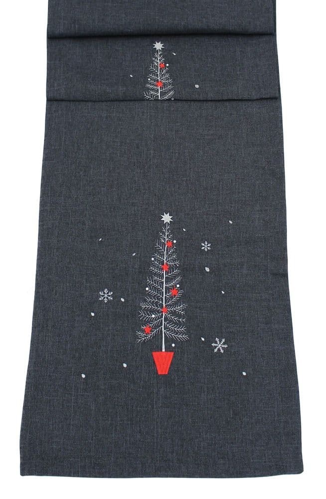Silver Tree Embroidered Christmas Table Runner - 14" x 75"