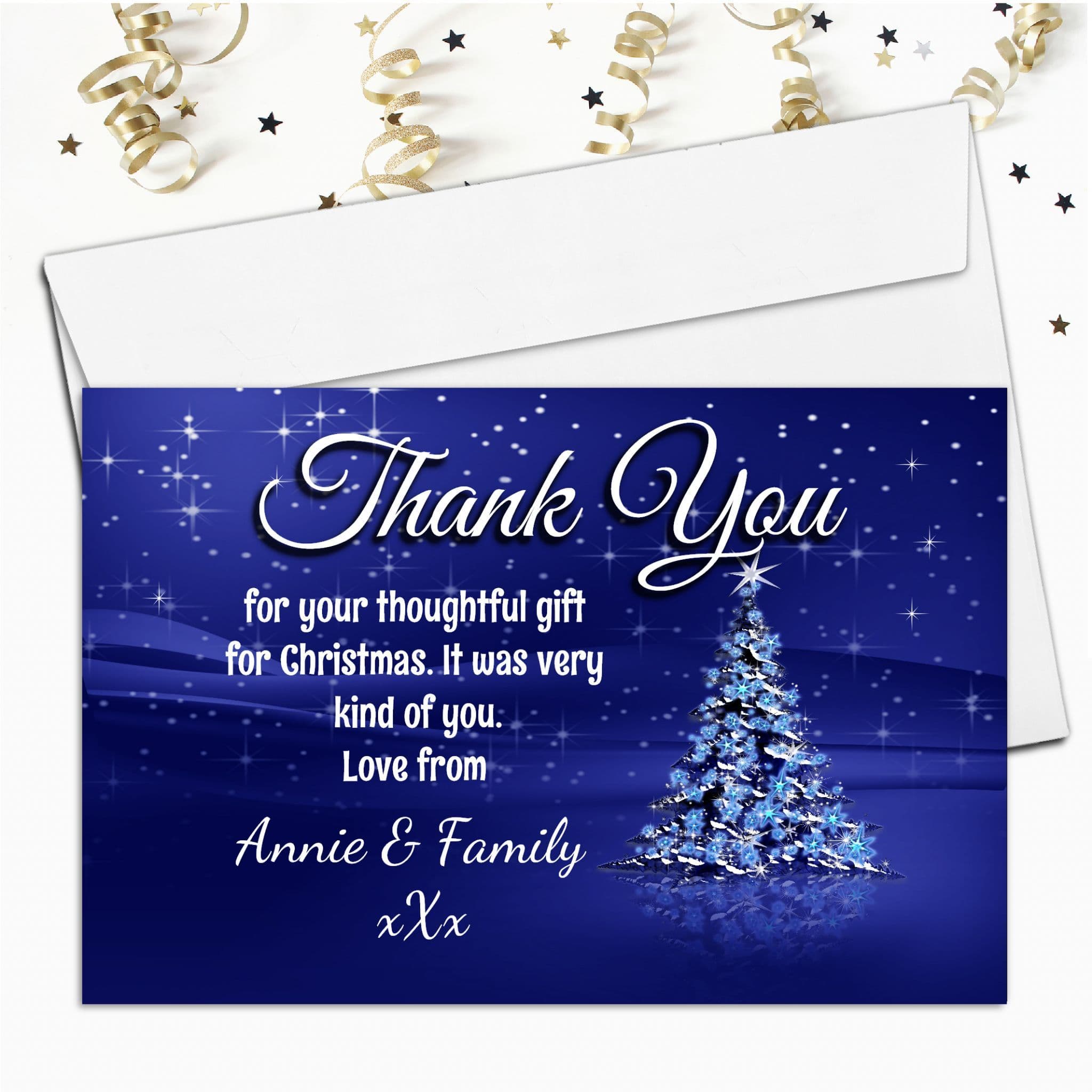 10 Personalised Blue Sparkle Christmas Xmas Tree Thank you Cards N20