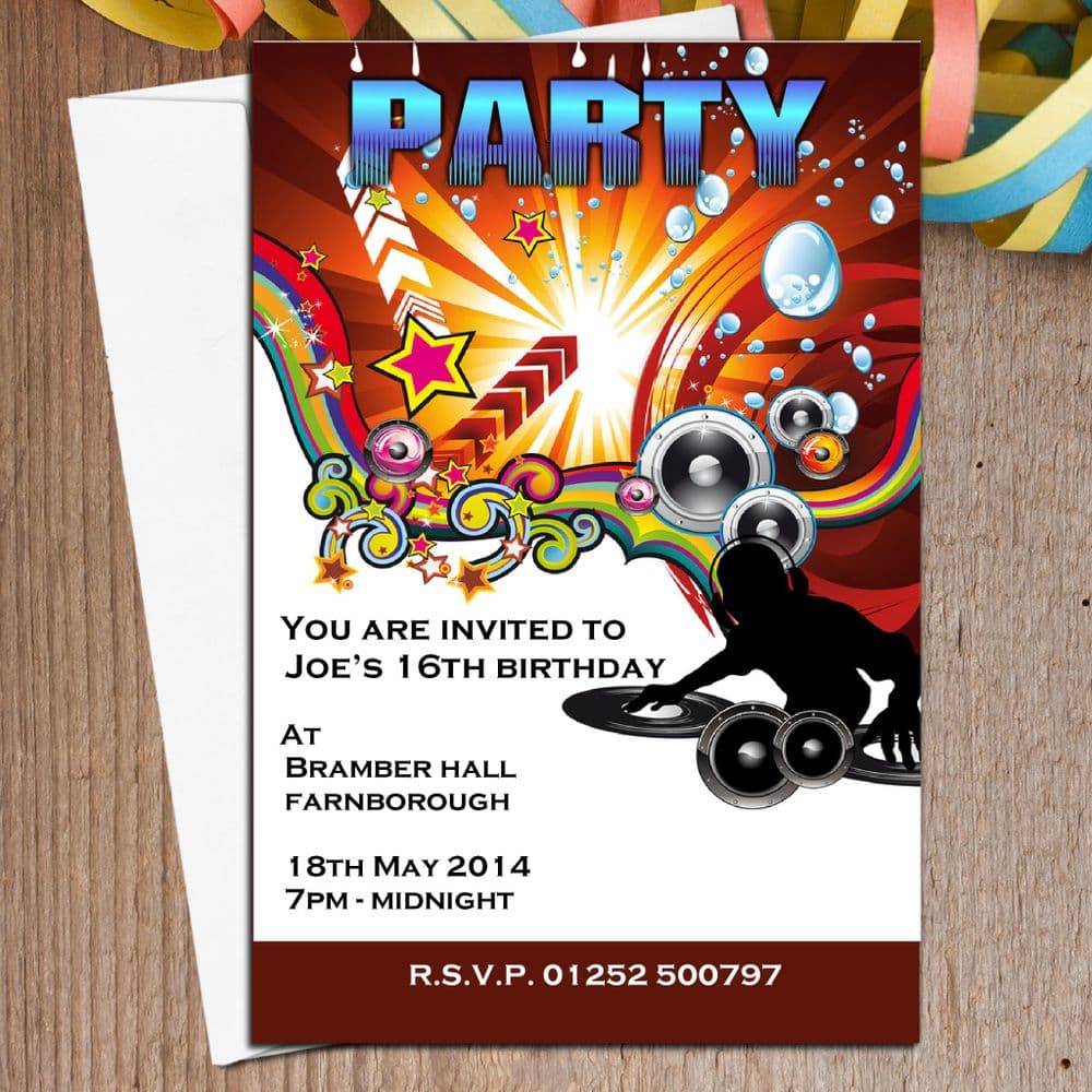 10 Personalised Disco DJ Birthday Party Invitations N4