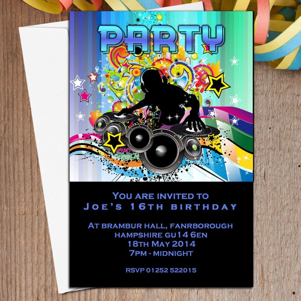 10 Personalised Disco DJ Party Invitations N5