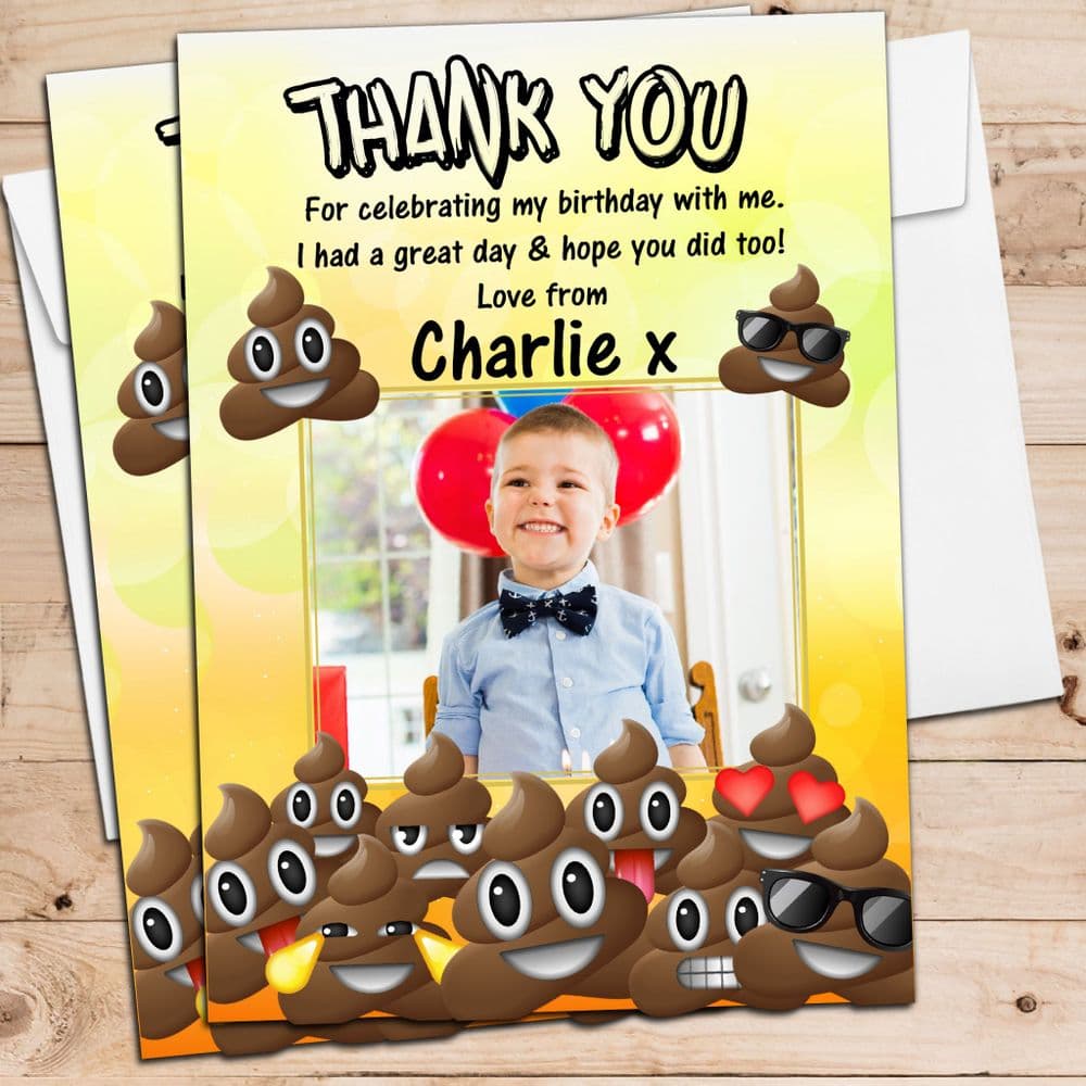 10 Personalised EMOJI POO Birthday Party Thank you PHOTO Cards N252