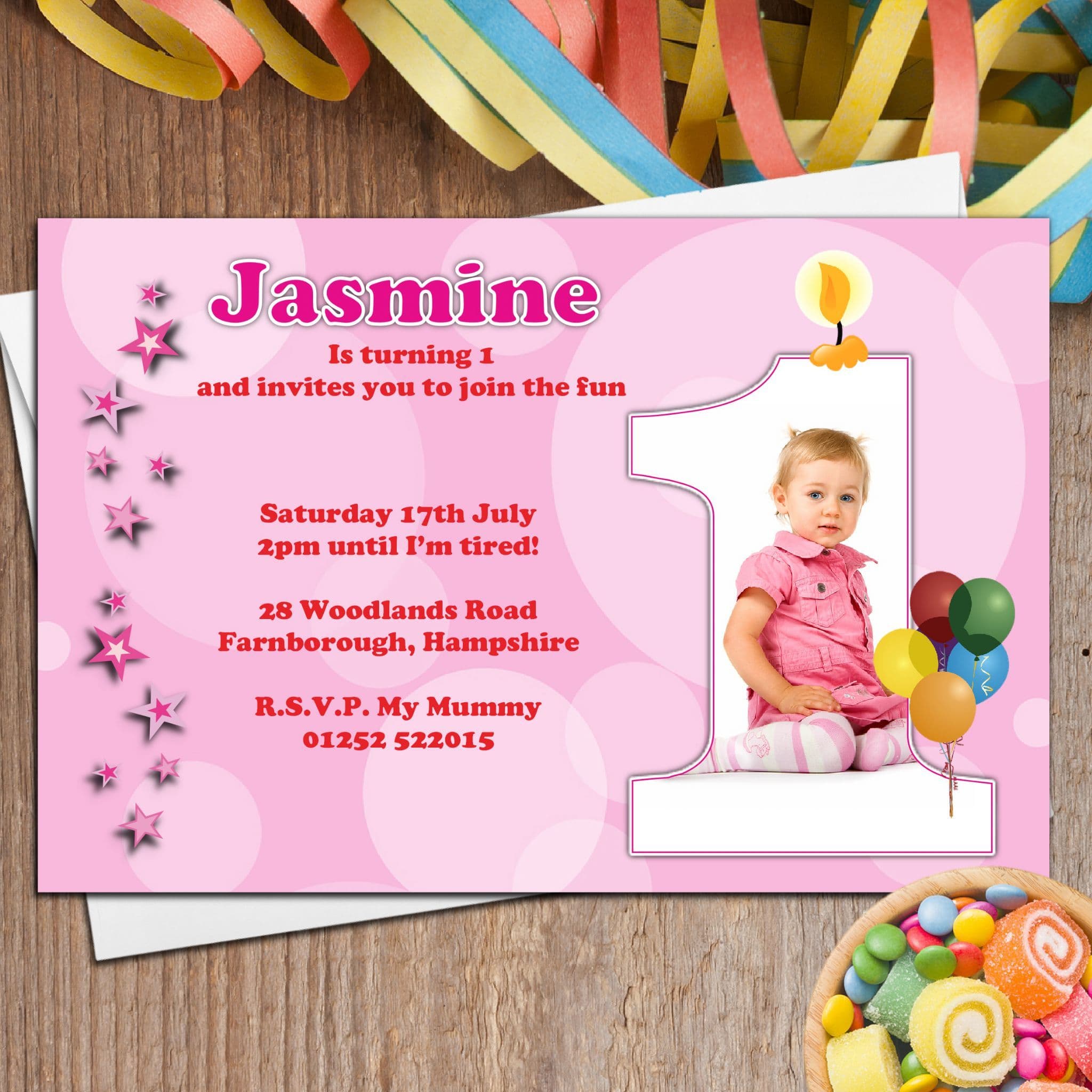10 Personalised Girls First 1st Birthday Party PHOTO Invitations N20